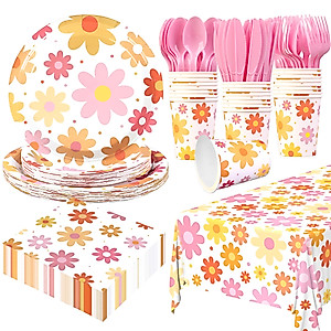 Groovy Party Supplies Daisy Groovy Party Tableware Set Serves 24 Include Boho Daisy Tablecloth Hippie Tableware Set for Groovy Boho Hippie Retro Birthday Baby Shower Party Decor
