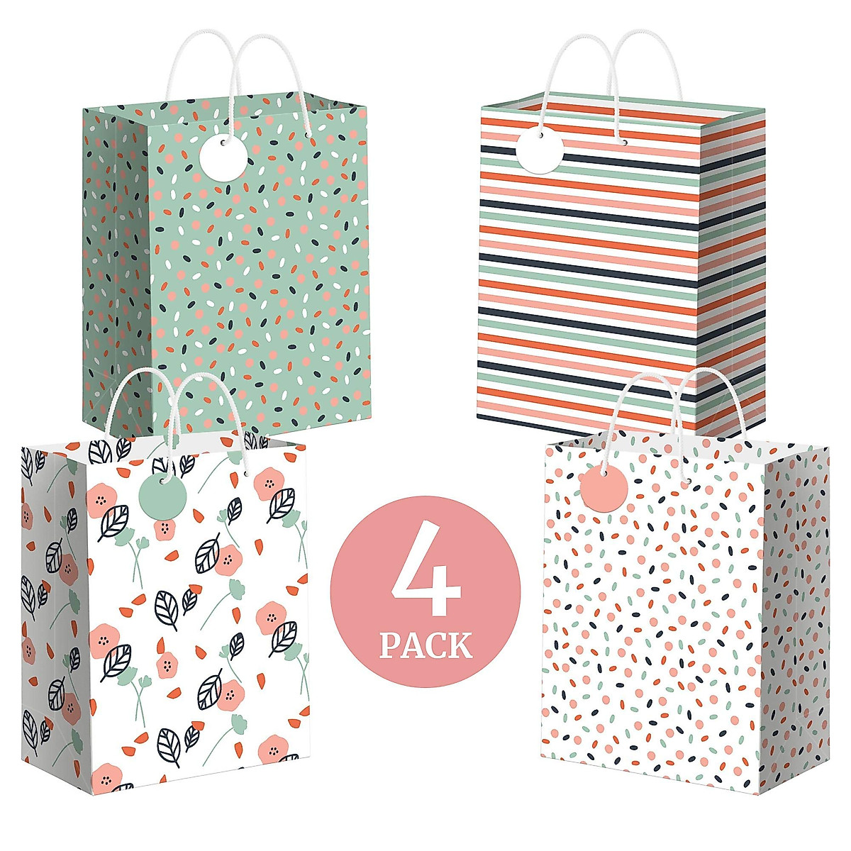 Cute Assorted Birthday Gift Bags - Set of 4 - 10" Medium Size Gift Bags With Handles & Name Tags - Floral, Striped, and Confetti Everyday Gift Bags - Pink & Green Gift Bags For Women. Perfect for Easter, Mothers Day, Birthdays, Baby Showers, Bridal Shower