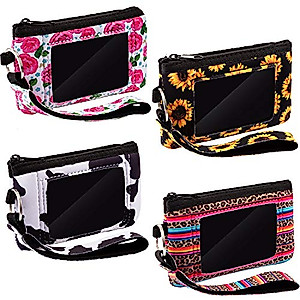 Frienda 4 Pieces Sunflower Credit Card Holder PVC Zipper Wristlet Pouch Neoprene Mini Wristlet Wallet Neoprene for Women Girls