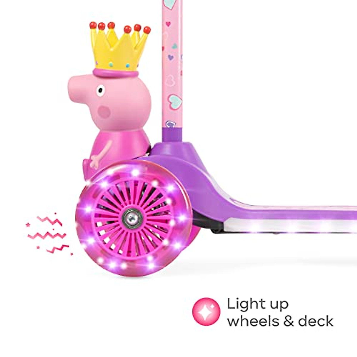 Peppa Pig Kick Scooter for Kids, Self-Balancing 3 Wheeled Light Up Scooter with Extra Wide Anti-Slip Deck, Rear Brake, Lean to Steer, Lightweight Design, for Kids 3 and up, 75 LB Limit