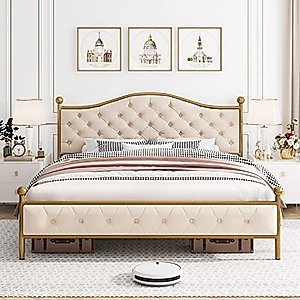 HIFIT Queen Size Platform Bed Frame with Elegant Button Tufted Curved Headboard, Velvet Upholstered Bed Frame with No Noise, Heavy Duty Metal Frame Foundation, No Box Spring Needed, Gold-Beige