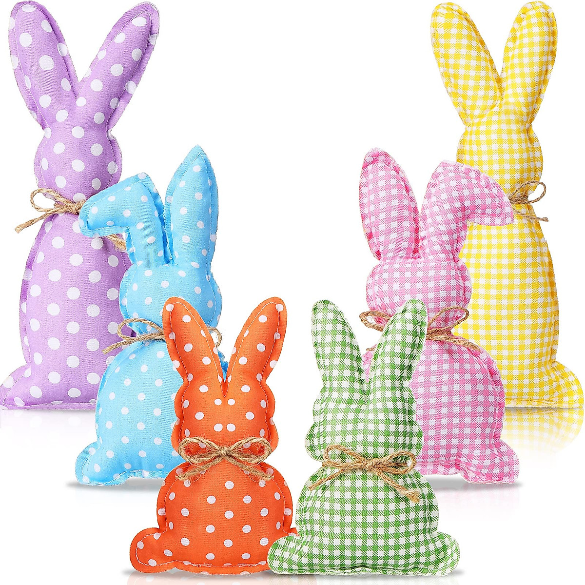 6 Pcs Rustic Easter Bunny Decor Farmhouse Stuffed Fabric Bunny Ornament Polka Dot Grid Easter Basket Bowl Fillers for Tiered Tray Desk Table Top Wedding Home Easter Centerpiece Decoration (Dark)