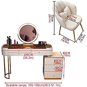 OLOTU Nordic Vanity Desk with Glass Tabletop, Makeup Vanity with Ergonomic Chair, Dressing Table with Lights Mirror and Drawers