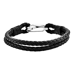 Edforce Braided Genuine Leather 2-Strand Cuff Bracelet with Stainless Steel Clasp (Black)