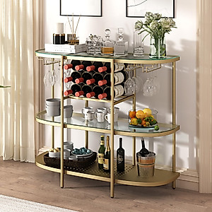 O&K FURNITURE Industrial Wine Rack Table with Glasses Holder, Liquor Bar Cabinet with Wine Storage, Freestanding Floor Wine Cabinet for for Bar, Buffet, Living Room