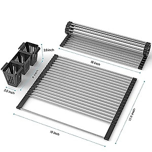BBXTYLY Roll Up Dish Drying Rack with Storage Basket,Over The Sink Cover Kitchen Rolling up Dish Drainer, Foldable Sink Dish Drying Rack Stainless Steel for Kitchen Sink Counter(Black 17.3''x17.6'')