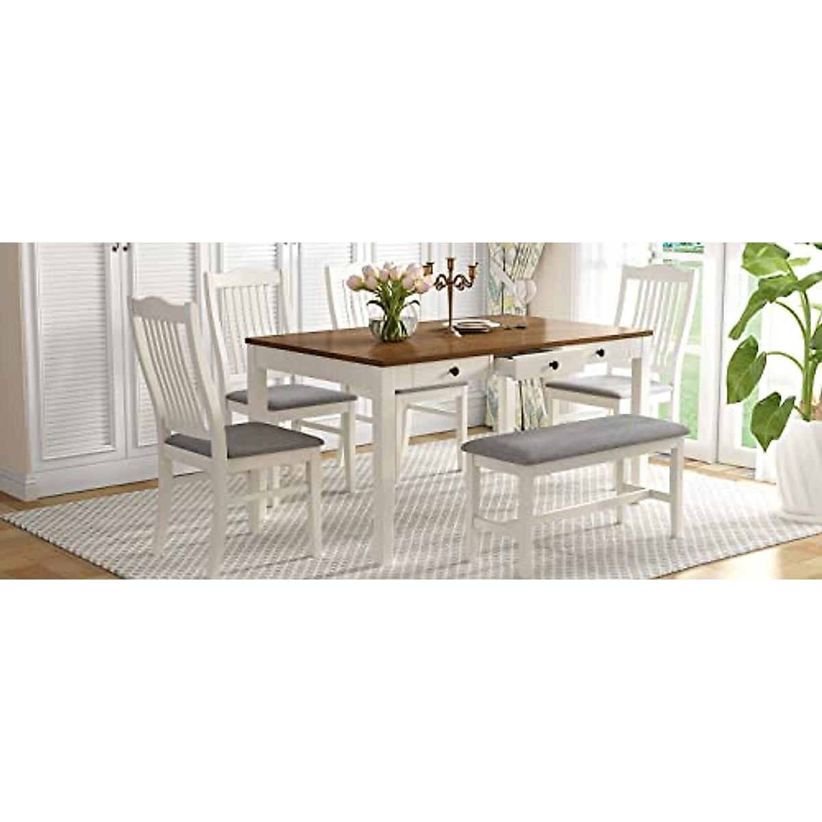 SIYSNKSI Mid-Century 6-Piece Dining Table Set with 4 Upholstered Dining Chairs and Bench, Wood Rectangular Dining Table with Drawer for Kitchen Living Room, Dining Table Set for 6 (Butter Milk+Grey)