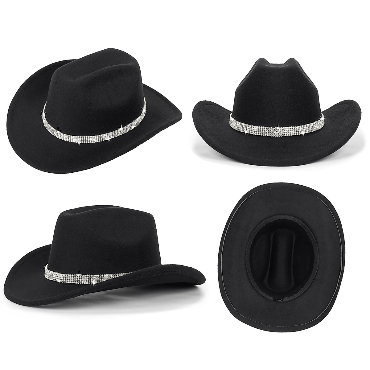 Five Rows Rhinestones-Cowboy-Cowgirl-Hat - Roll Wide Brim Western-Hat for Wedding Music Costume Party (Fit for M-L) Black