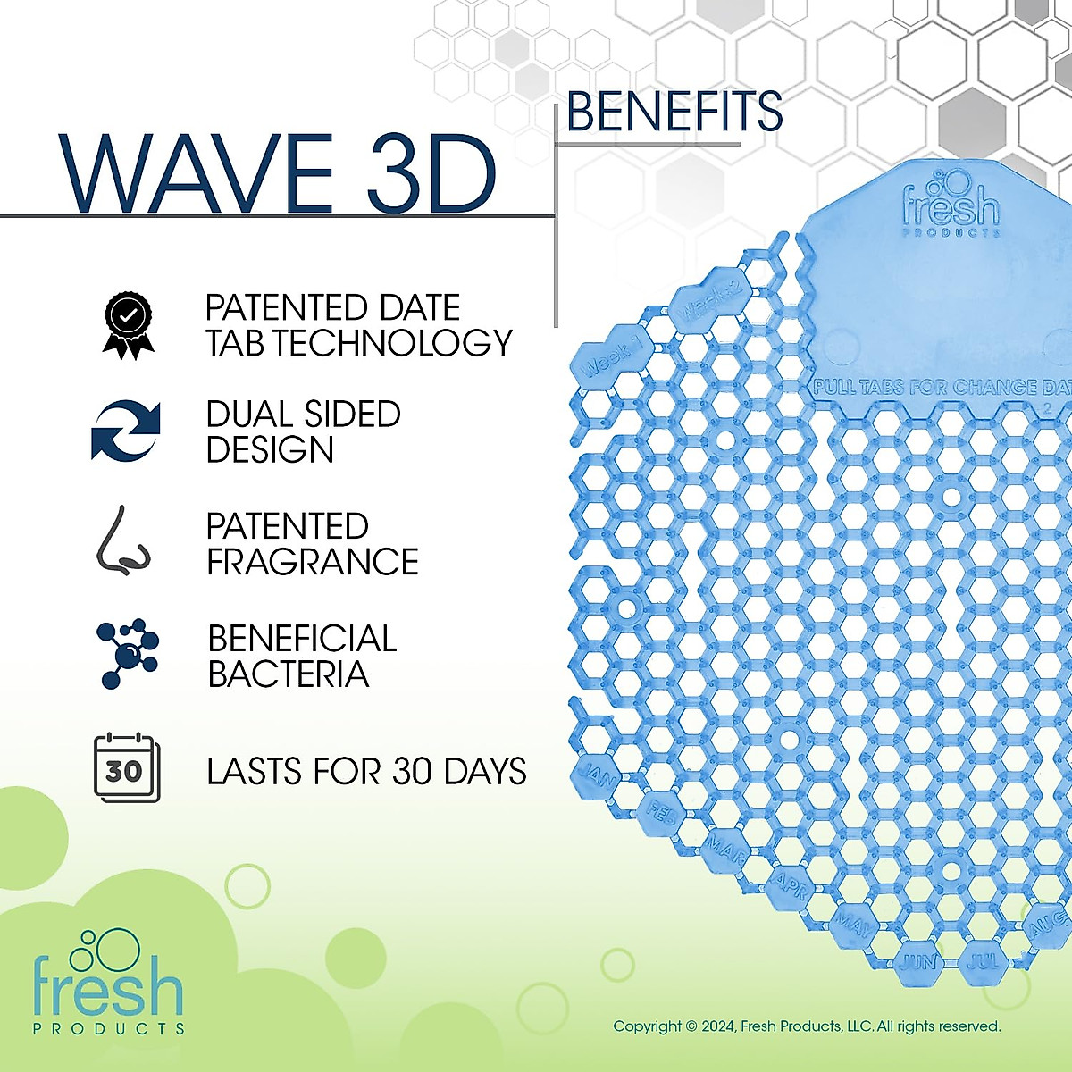 Fresh Products Wave 3D, Virtually eliminates urine splash, 30-Day Use, Easy Installation, Beneficial Bacteria, Consistent Fragrance — Cotton Blossom, Blue, Made In USA, 10pk Urinal Screens