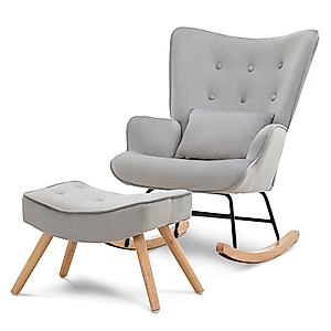 Artechworks Modern Velvet Rocking Chair, Glider Chair with Ottoman Cushion, Nursery Mid Century Upholstered Tufted Chair Rocking Armchair Rocker Accent Chair for Livingroom, Balcony, Grey