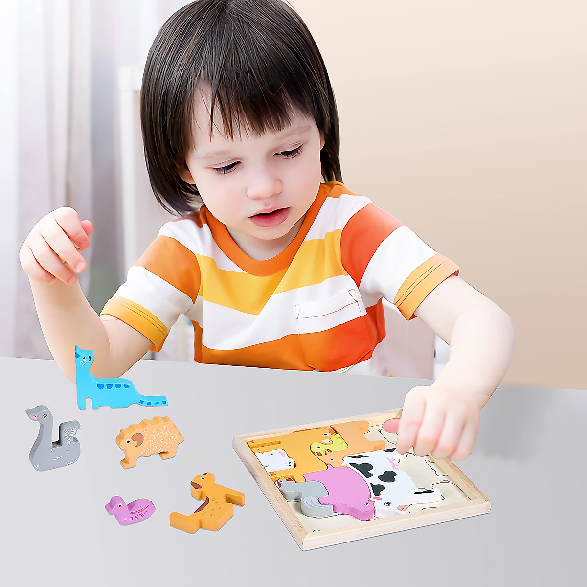 Childgoo 2 in 1 Wooden Farm Animal Sorting & Stacking Toys Wooden Blocks and Puzzles for Kids Ages 3-5 Montessori Gifts for Toddlers Boys & Girls Ages 3 4 5 6 Years Old (Farm Animal)