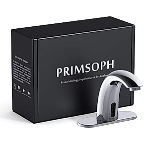PRIMSOPH Automatic Motion Sensor Hands Free Electronic Infrared Smart Commercial Touchless Bathroom Sink Faucet with Cover Plate Temperature Mixer Battery or Plug-in Powered Satin Chrome