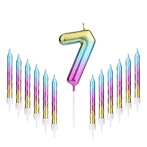 1 Set of 2.7inch Birthday Candles, Rainbow Gradient Spiral Candle for Birthday Anniversary Parties (Number 7, with 12 Candles)