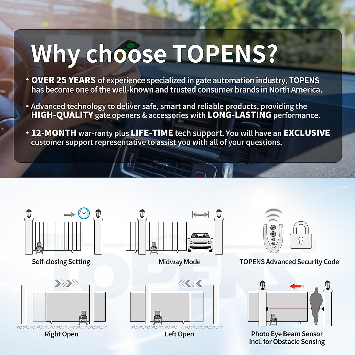 TOPENS CK2600 Automatic Sliding Gate Opener Chain Drive Industrial Commercial 1-1/4 HP Gate Motor for Heavy Driveway Slide Gates Up to 5700 Pounds, AC Powered with 20ft Roller Chain and Remote Control