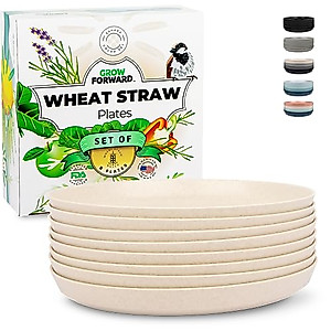 Grow Forward Premium Wheat Straw Plates - 10 Inch Hard Plastic Plates Reusable - Unbreakable Microwave Safe Deep Dinner Plates Set of 8 - Outdoor Plates for Patio, Camping, Picnic, Kids - Sahara