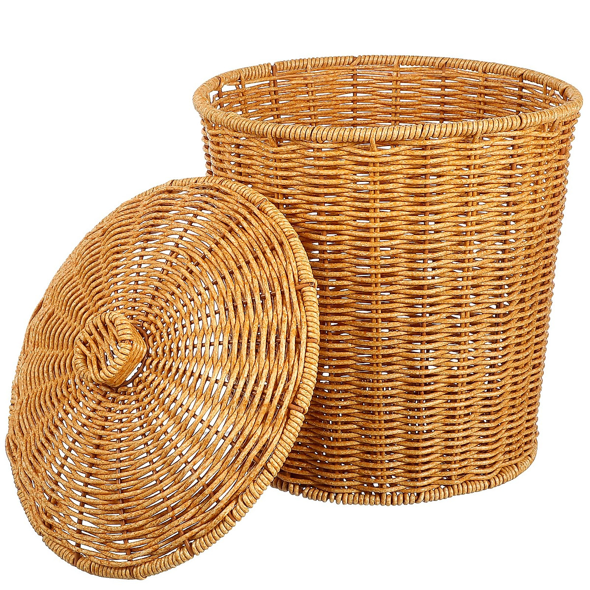 DEARMAMY Rattan Waste Basket Wicker Trash Can with Lid Round Trash Bin Woven Storage Basket Clothes Container Laundry Hamper for Bedroom Living Room Bathroom Chocolate