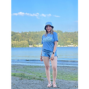 Dapiaoliang Lake Life Shirts for Women Funny Vacation Graphic Tee Casual Summer Short Sleeve Blouses Round Neck Loose Tunic Top Ink Blue, Small