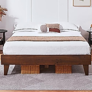 Yaheetech Full Bed Frame Deluxe Natural Solid Pine Wood Platform Bed, Reserved Holes for DIY Headboard/Wooden Slats Support/7.5″ Clearance Space/No Noise/Easy Assembly, Smoked Walnut Full Bed