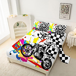 VTKON Sports Twin Kids Sheets Set for Boys Soft and Fluffy Motocross Bedding Set Breathable Motorcycle Decor for Boys Bed Set Kids Tie Dye Bedding Set with 1 Flat Sheet, 1 Fitted Sheet & 1 Pillowcase