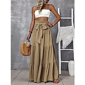 WDIRARA Women's Shirred Elastic Waist Tie Front Ruffle Hem Wide Leg Pants Khaki XL
