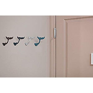 Zeckos Set of 4 Colorful Cast Iron Whale Tail Wall Hooks Decorative Coastal Metal Hangers