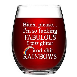 Funny Wine Glass Gift for Women 15Oz, Please I’m So Fabulous I Pee Glitter Stemless Wine Glass, Unique Inspirational Gifts for Women Best Friends Sisters BFF Girlfriends, Birthday Christmas Gifts