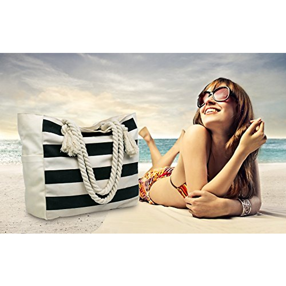 Malirona Large Beach Travel Tote Bag Canvas Shoulder Bag with Cotton Rope Handle (Black Stripes)