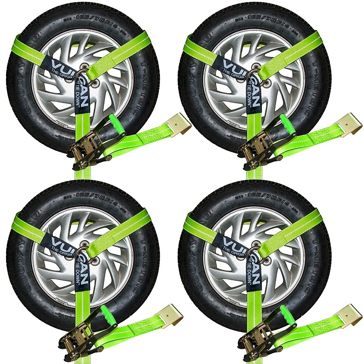 VULCAN Car Tie Down with Flat Hooks - Lasso Style - 2 Inch x 96 Inch - 4 Pack - High-Viz - 3,300 Pound Safe Working Load