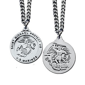 US Marines Military Silver Plated Necklace Saint Michael Protect Us in Gift Box