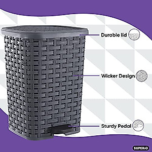 Superio Mini Trash Can with Foot Pedal Small Outdoor Garbage Can with Lid, 3 Gallon Plastic Waste Basket for Bathroom, Bedroom, Kitchen, Office, Patio (Wicker Grey 12 QT.)