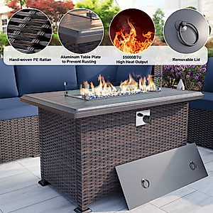 ALAULM 7 Pieces Patio Furniture Set with Propane Fire Pit Table Outdoor Sectional Sofas Outdoor Patio Furniture 43in Gas Fire Pit Patio Conversation Set w/5 Cushions-Navy Blue