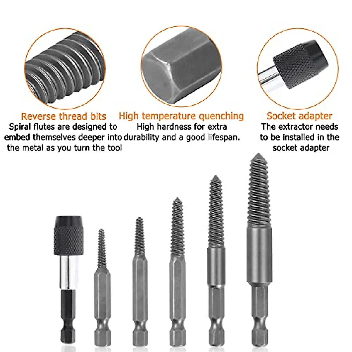 YUENTOEN Stripped Screw Extractor - 5pcs HSS Easy Out Broken Bolt Extractor Kit with Extension Screw Holder, Damaged Bolt Water Pipe Remover Set Power Drill Bit Tool for Screw or Bolt 1/8 to 3/4 inch