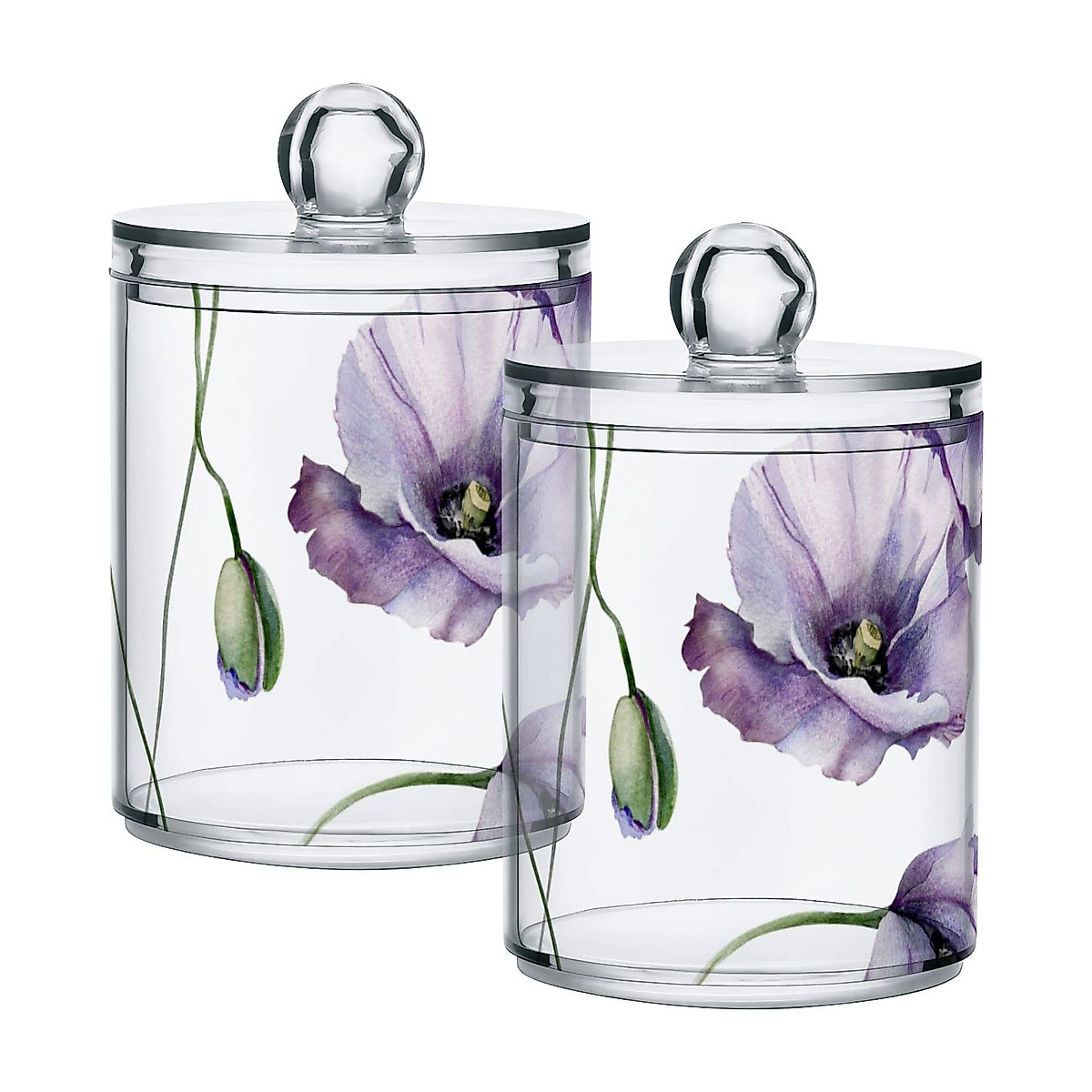ALAZA 2 Pack Qtip Holder Dispenser for Cotton Ball Watercolor Flowers Purple Poppies Cotton Swab Cotton Round Pads Clear Plastic Acrylic Jar Set Bathroom Canister