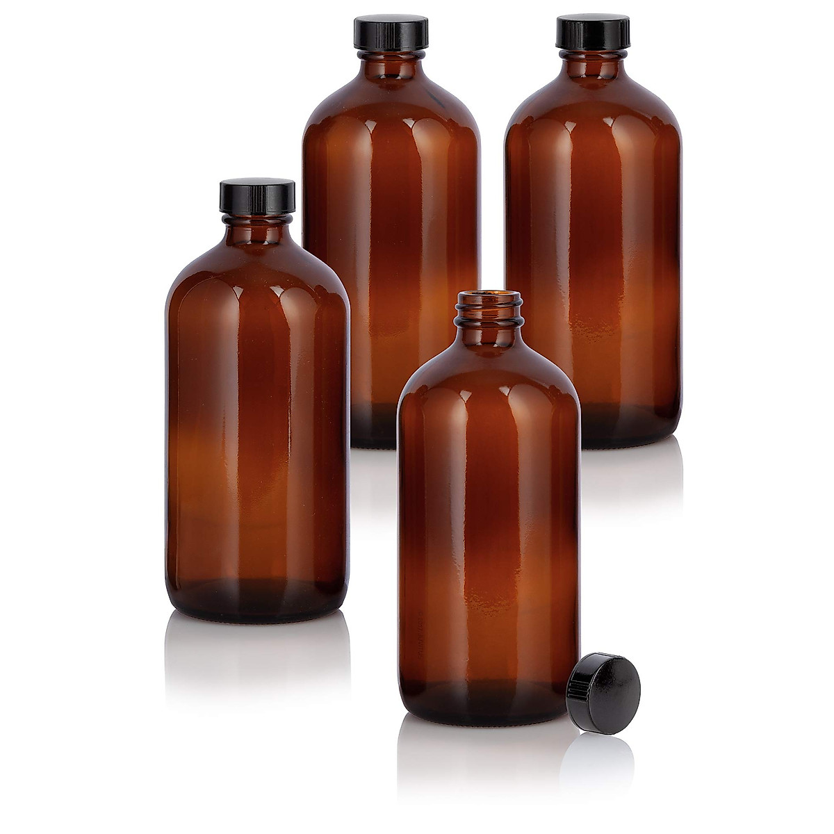 JUVITUS 16 oz Amber Glass Boston Round Bottle with Airtight Black Phenolic Cap (4 Pack)