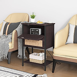 End Table with Charging Station, 2 Tier Rattan Decorated Nightstand with USB Ports and Outlets, Bedside Table with Drawer, Modern Sofa Side Table for Bedroom, Living Room, Office, Cherry Red