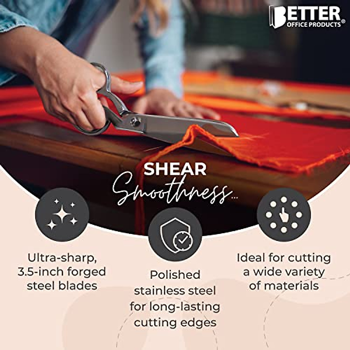 Premium Stainless Steel Sewing Scissors, 8", Ultra Sharp Tailoring Shears, for Dressmaking, Leather Cutting, Fabric, Heavy Duty Fabric Scissors, by Better Office Products