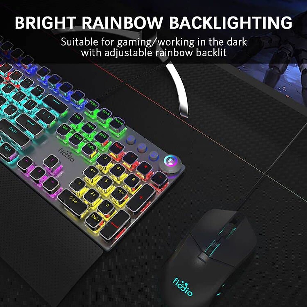 Fiodio Mechanical Gaming Keyboard, LED Rainbow Gaming Backlit, 104 Anti-ghosting Keys, Quick-Response Black Switches, Multimedia Control for PC and Desktop Computer, with Removable Hand Rest