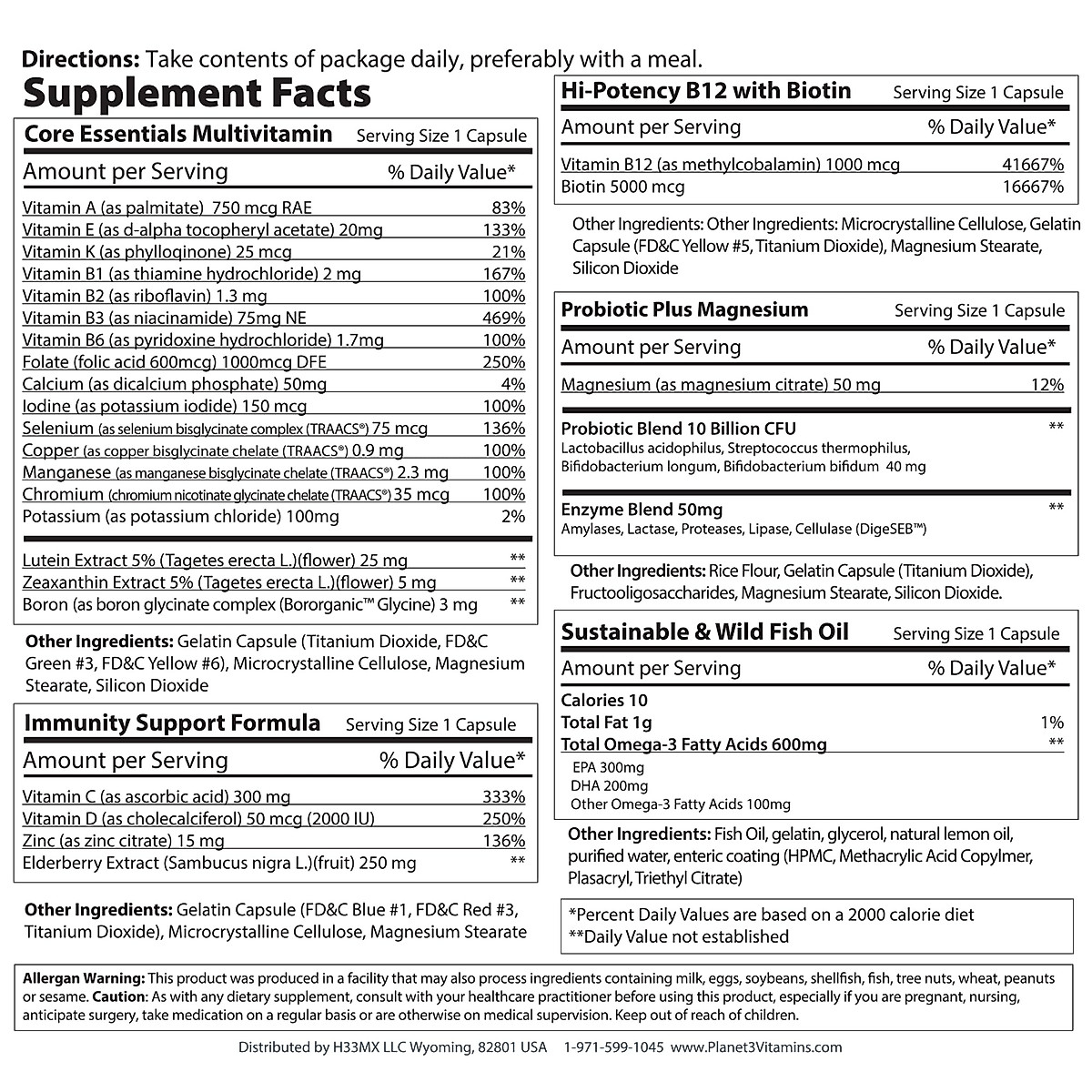 Planet 3 Vitamin Packs, Energy, Immune & Heart Support with Multivitamin, Vitamin D, Probiotics, Biotin, B12, Omega 3, Lutein - Daily Vitamins for Both Men & Women, Core Supplements, 30 Daily Packs