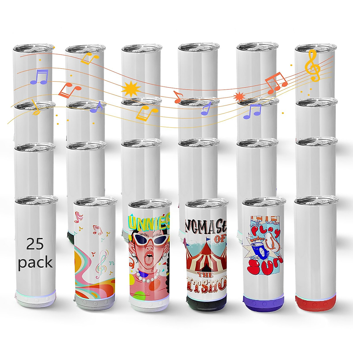 Icesip 25 Pack Music Speaker Tumbler, 16 oz Sublimation Tumbler Can Cooler Skinny Straight Double Wall Cup with Straw Lid & USB Charging Cable