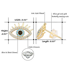 PEARLADA 18K Gold Evil Eye Stud Earrings Dainty Micro-inlaid Cubic Zirconia Earring for Women Handmade Post Jewelry Fashion Blue Gemstone Pushback Earrings for Christmas Gift