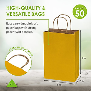 Yellow Gift Bags - 6x3x9 Inch 50 Pack Mustard Kraft Paper Shopping Bags with Handles, Small Craft Totes in Bulk for Boutiques, Small Business, Retail Stores, Birthday Parties, Jewelry, Merchandise, Bulk