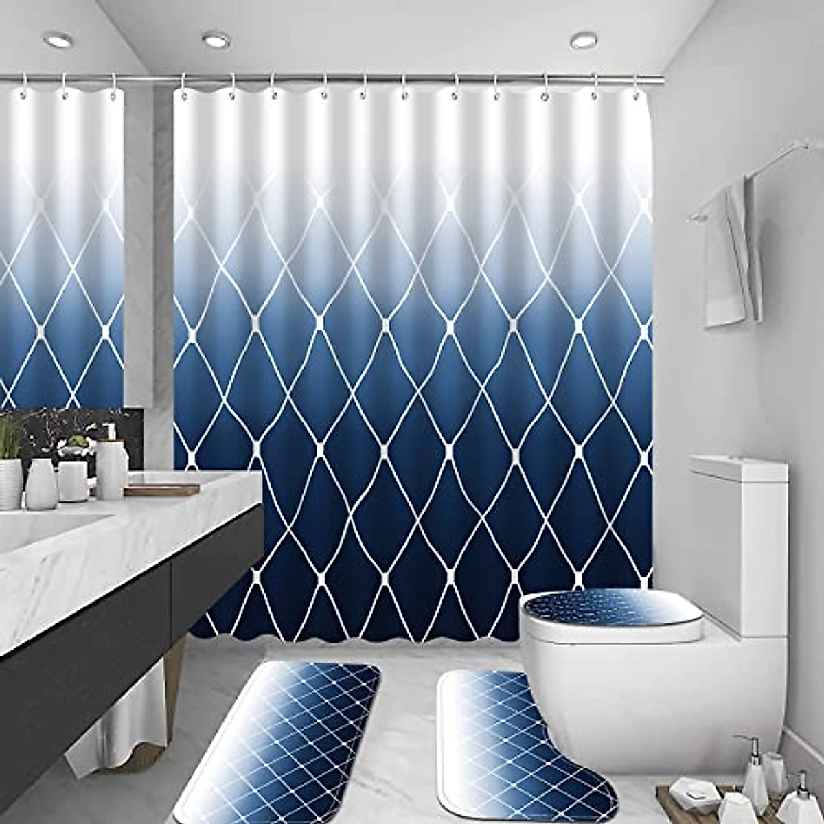 LQCOOL 4Pcs Navy Blue Shower Curtain Set White Blue Gradient Bathroom Shower Curtain Set with Rugs Water Repellent White Bathroom Decor Waterproof Fabric Shower Curtain Set with Rugs