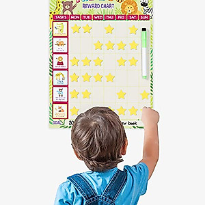 Navaris Kids Magnetic Reward Chart - Behavior Rewards Weekly Bedtime Chore Home Planner for Children - with Stars, Activity Magnets, Pen - Zoo Design