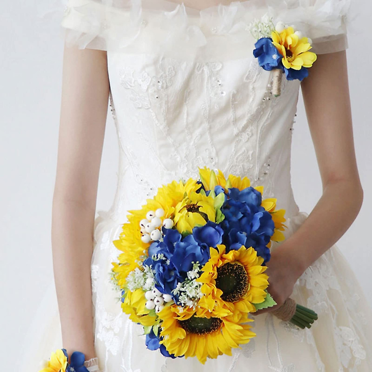 SMLJFO 2Pcs Artificial Flower Wrist Corsage Groom Boutonniere Sunflower Bride & Bridesmaid Corsage Wristlet Wedding Hand Flower Decor for Prom Suit Party Homecoming Graduation