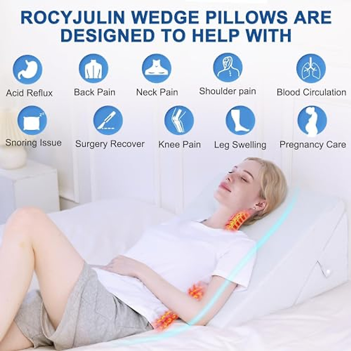 ROCYJULIN Wedge Pillow for Sleeping, 9 & 12 Inch Adjustable Memory Foam Incline Elevated Pillow Wedge, Triangle Wedge Pillows for After Surgery, Acid Reflux and Snoring, White