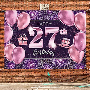 PAKBOOM Happy 27th Birthday Banner Backdrop - 27 Birthday Party Decorations Supplies for Women Her - Pink Purple Gold 4 x 6ft
