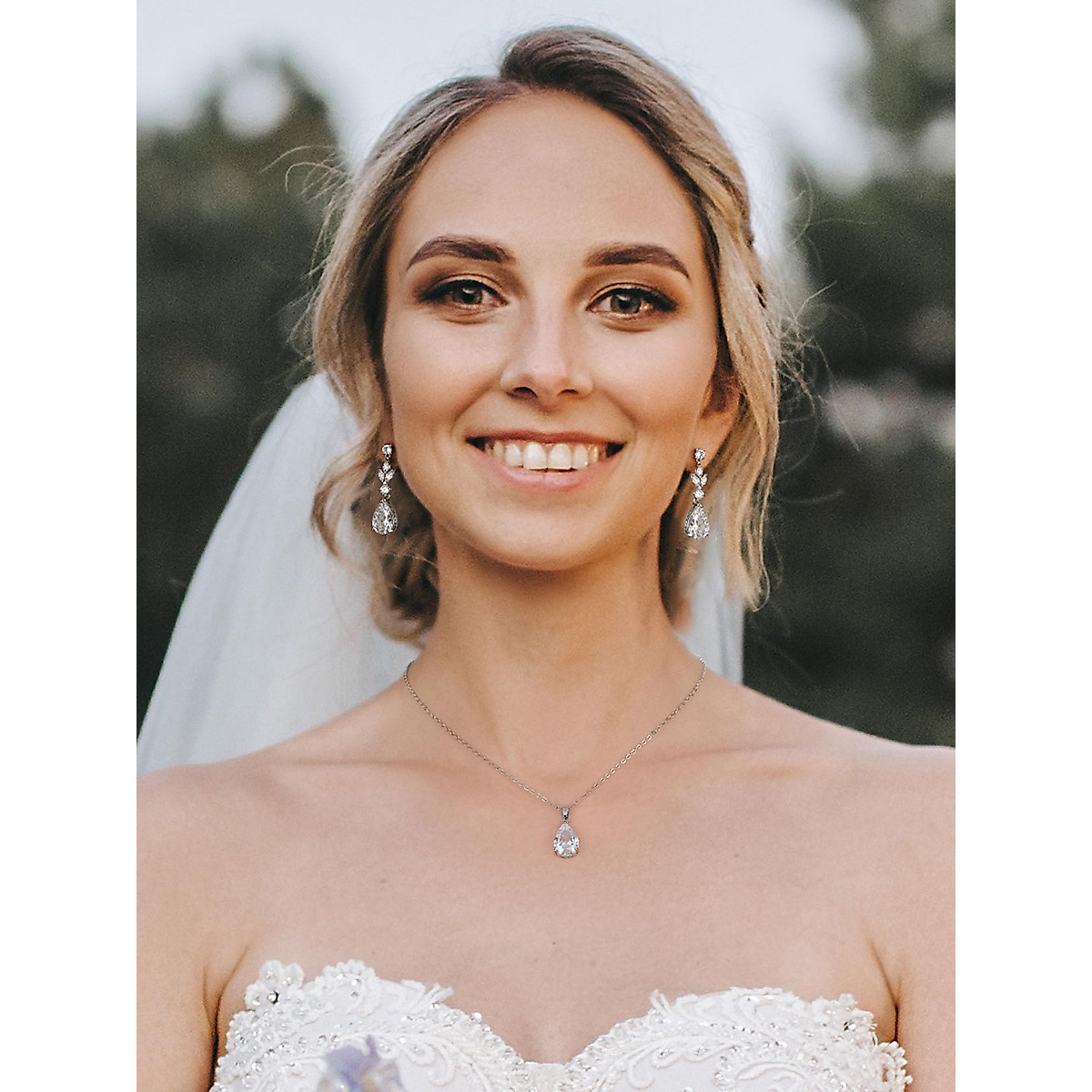 SWEETV Teardrop Wedding Jewelry Sets for Women Brides Bridesmaids, Crystal Bridal Necklace Drop Earrings Set,Prom Costume Bridal Wedding Jewelry, Silver