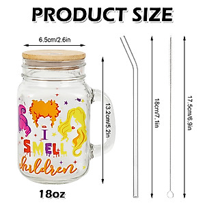 Whaline Halloween Mason Jar Mug with Handle 18oz Hocus Pocus Mason Jar Drinking Glasses Halloween Witch Ice Coffee Cups Glass Mugs Tumbler with Lid and Straw for Iced Coffee Tea Soda Cocktail Gifts