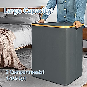 Graciadeco 170L Double Laundry Basket with Lid Foldable Extra Large 2 compartment Laundry Hamper with Handles Dirty Clothes 2 section Hamper for Laundry Bamboo Bathroom Bin Bedroom Closet, Grey