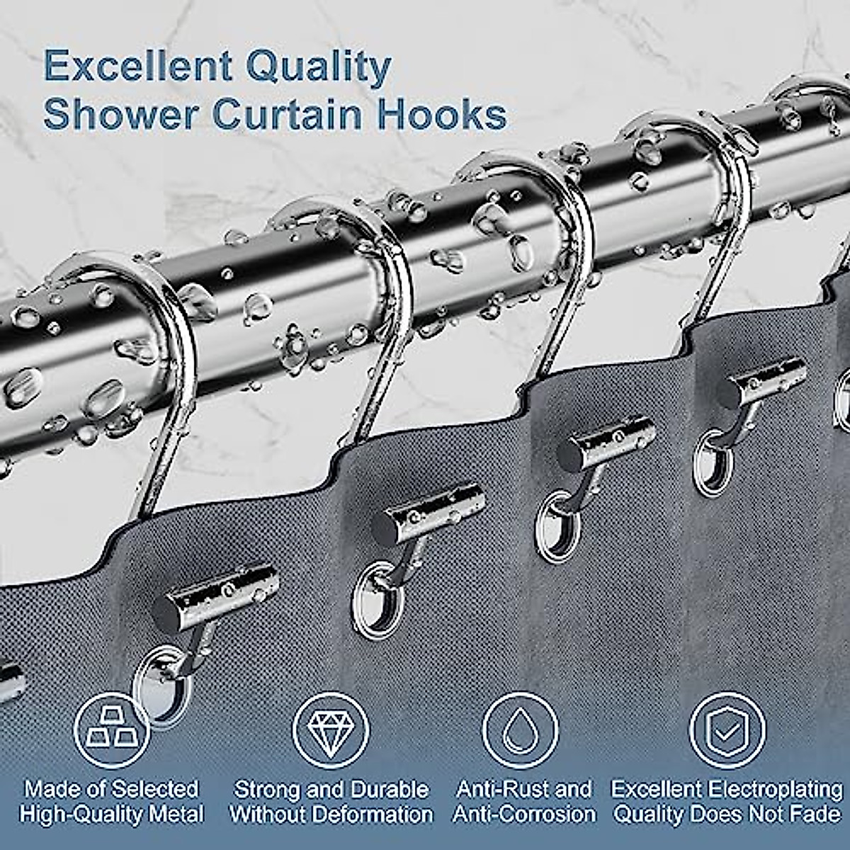 BBLHOME Shower Curtain Hooks Rings, Rustproof Metal Shower Curtain Hooks Rings for Bathroom Shower Curtain Rod, T-Shaped Decorative Shower Hooks Rings, Set of 12 (Chrome)